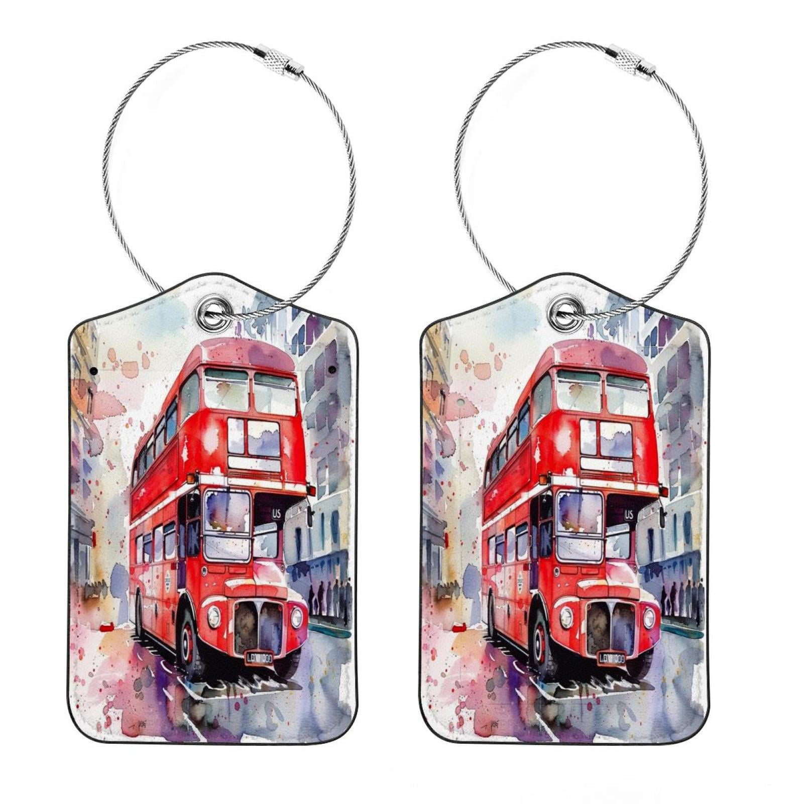 2 Pcs Luggage Tags, Watercolor Double Deck London Bus Prints PU Leather ...