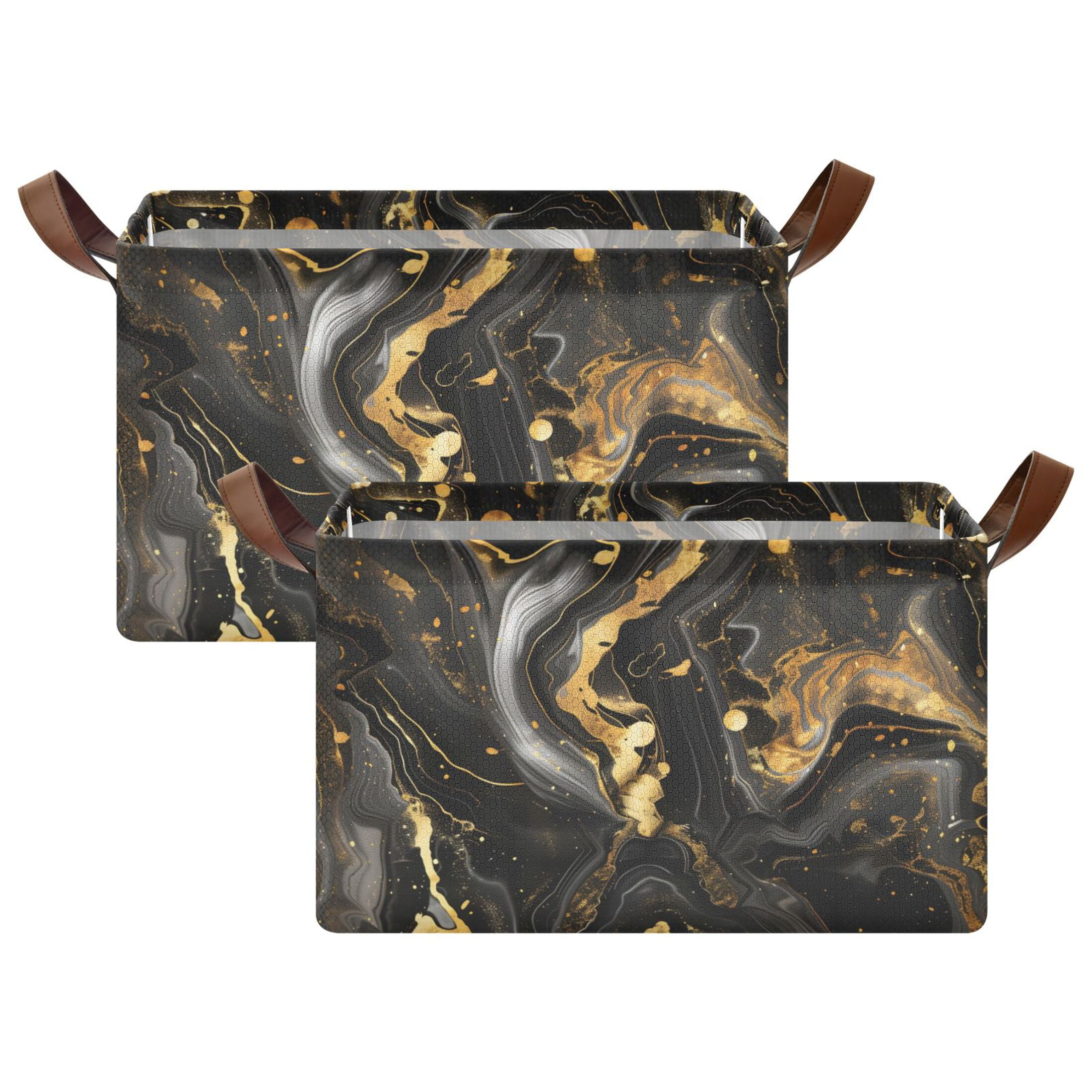 2 Pcs Luxury Black Gold Marble Collapsible Storage Bins Fabric Shelf ...