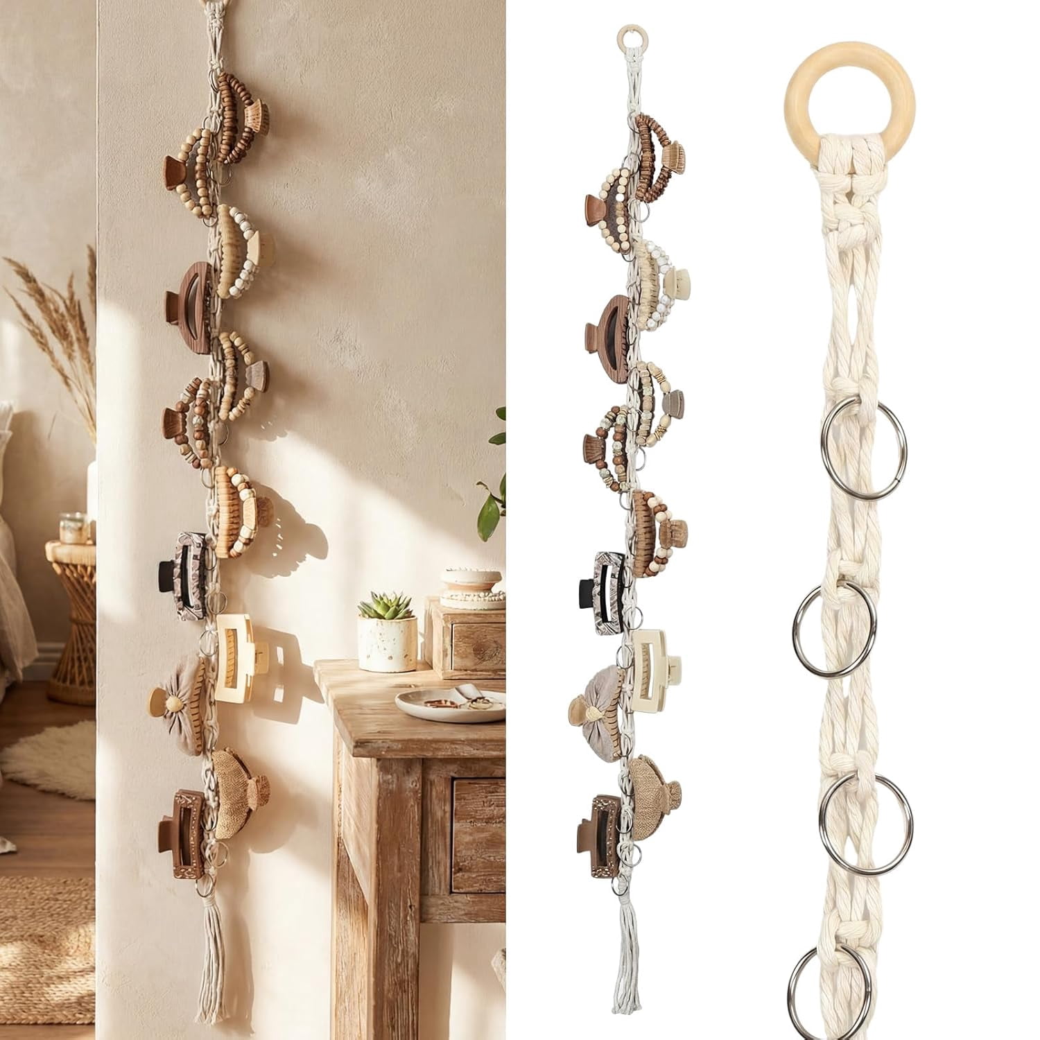 2 Pcs Macrame Hair Claw Clip Organizer with Rotating Wood Hook 20 Metal ...