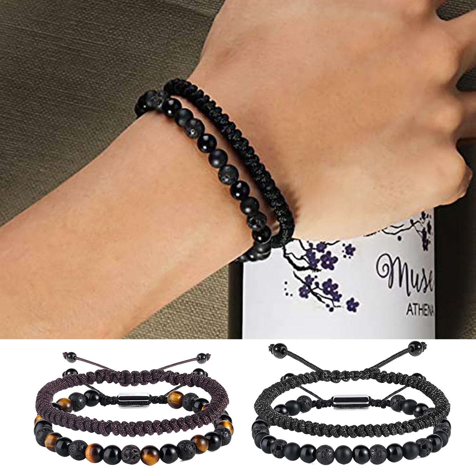 2 Pcs Men's Handwoven Bracelets Black Gemstone Matte Agate Stone ...
