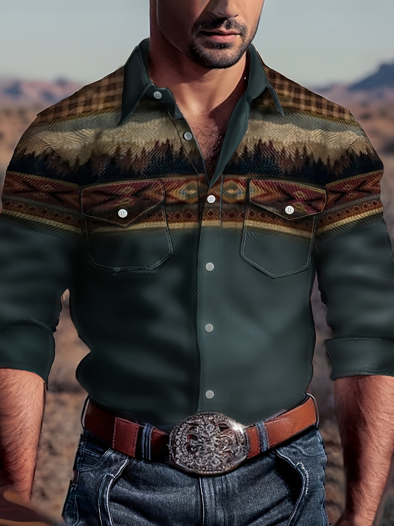 2 Pcs Men's Western Shirt Long Sleeve Embroidered Cowboy Casual Snap ...