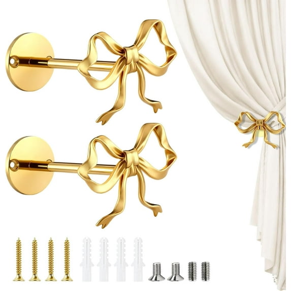 2 Pcs Metal Bow Curtain Holdbacks, Gold Curtain Tiebacks Wall Mounted ...