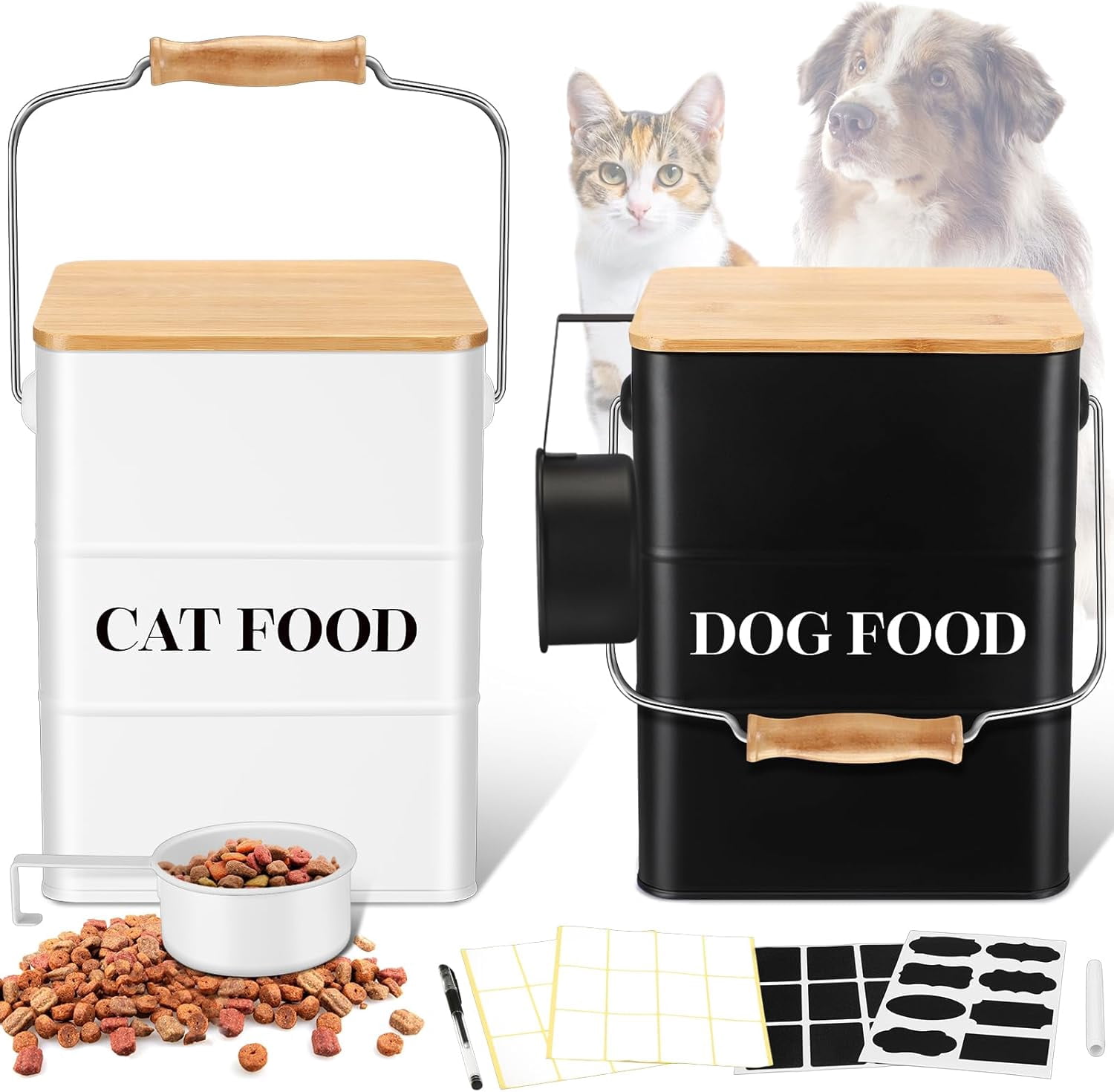 2 Pcs Metal Dog and Cat Food Storage Containers with Bamboo Lids and ...