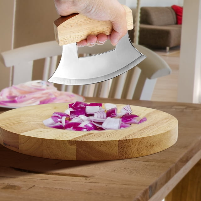 2 Pcs Mezzaluna Ulu Knife and Cutting Board Set Rocker Chopper Slicer ...
