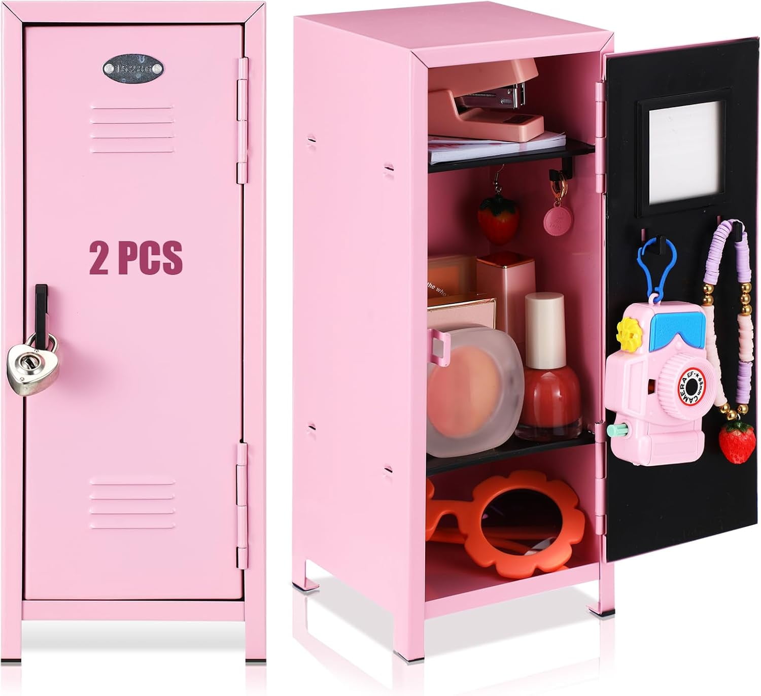 2 Pcs Mini Storage Lockers with Lock & 2 Keys - 10.8 Inch Pink Cute ...
