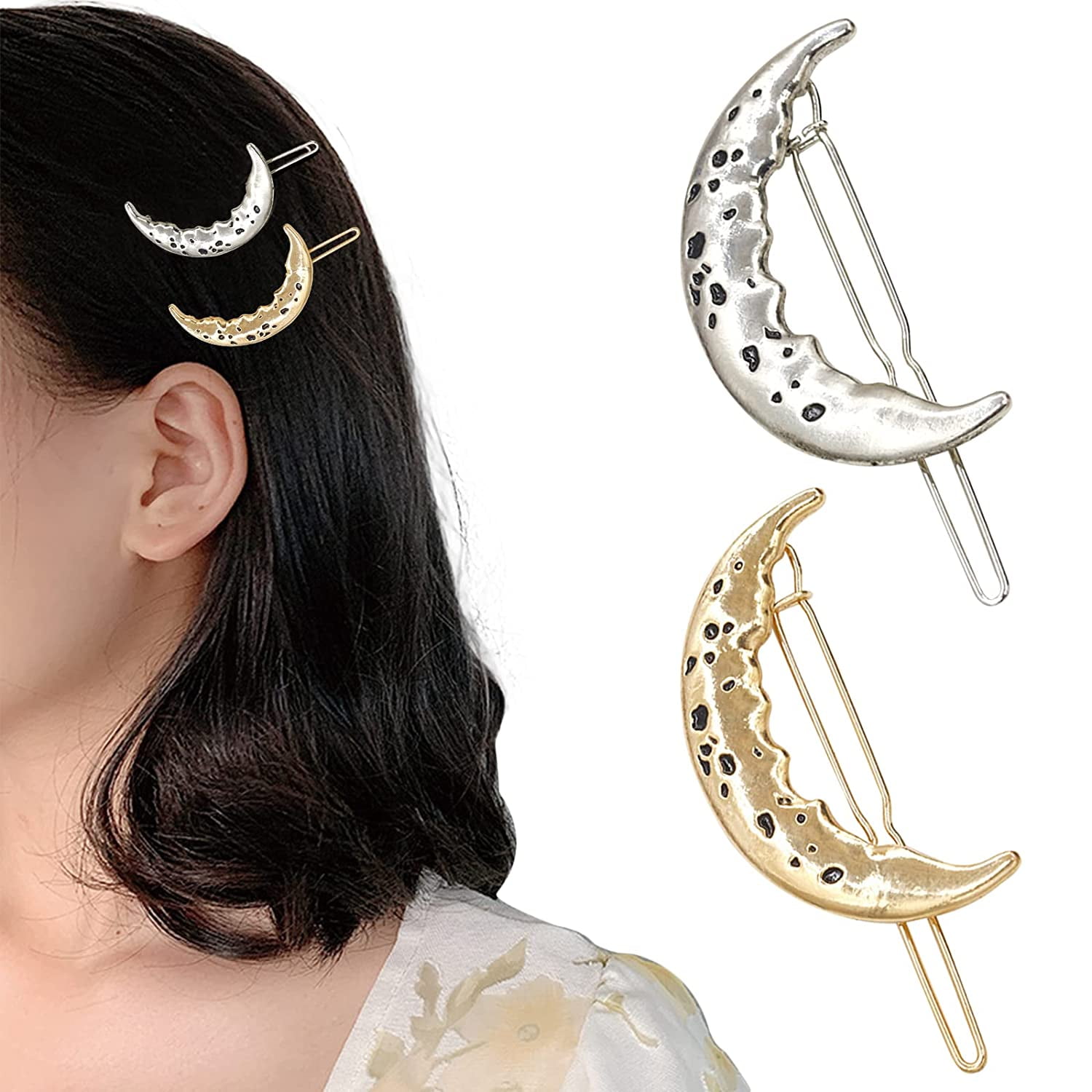 2 Pcs Minimalist Geometric Hair Clips Dainty Hollow Metal Hairpin Moon ...