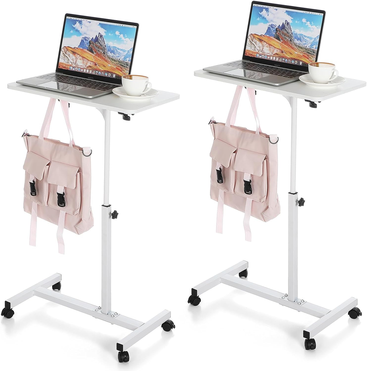 2 Pcs Mobile Rolling Small Standing Desk Adjustable Height Overbed ...