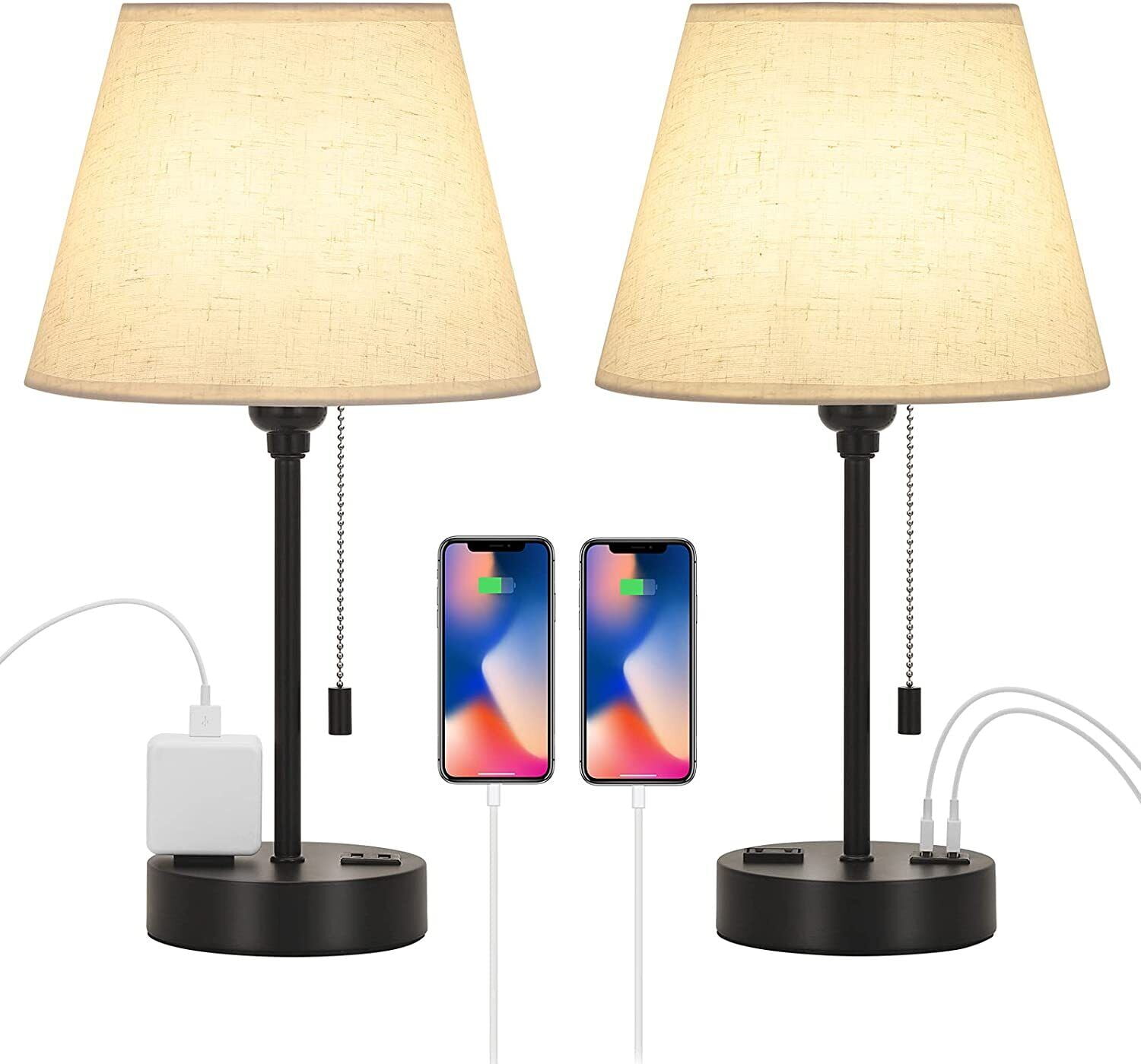 2 Pcs Modern Table Lamps w/ USB Ports AC Outlet Nightstand Desk Lamp ...