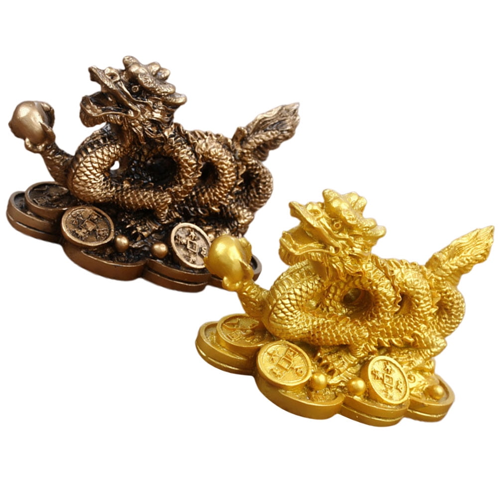 2 Pcs Money Dragon Statue Golden Figurine Office Decor Crafts Artware ...