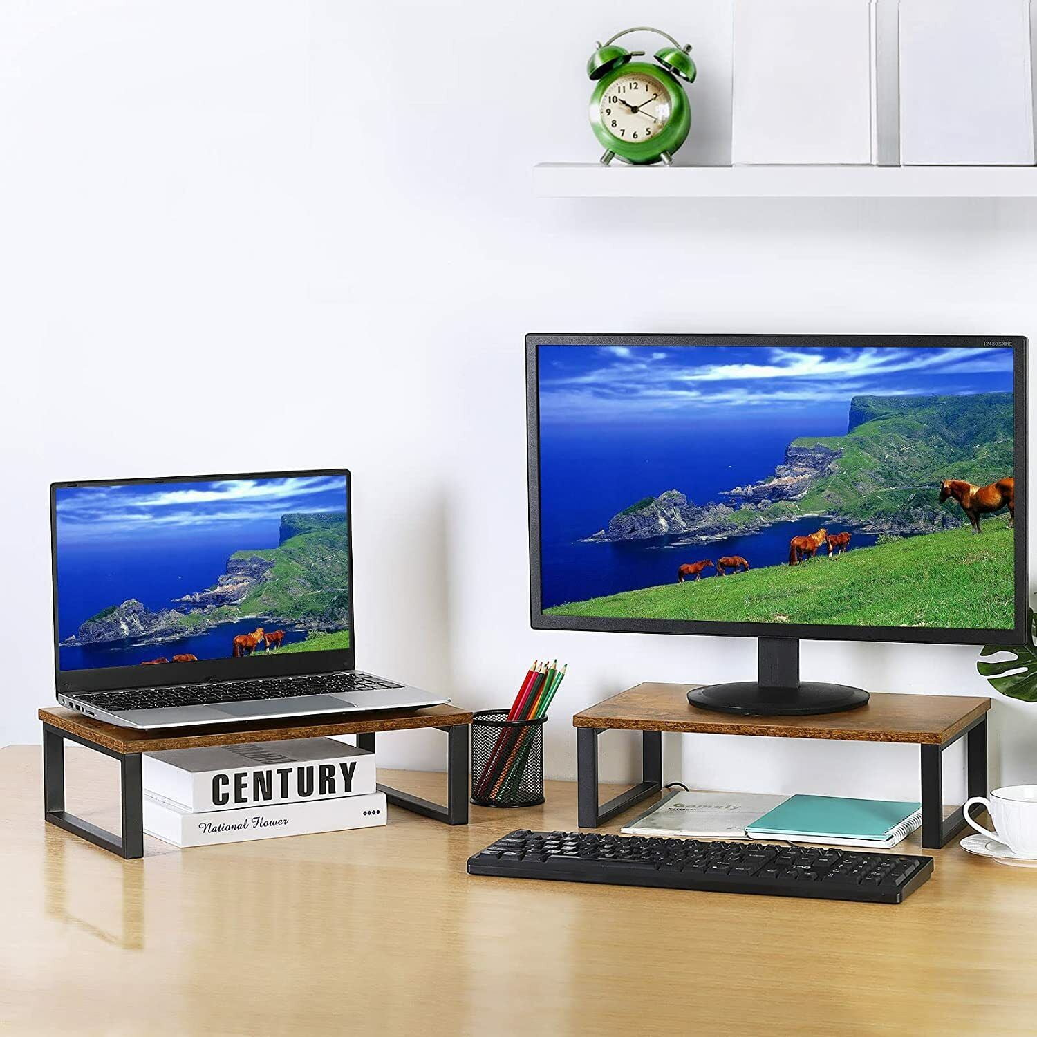 2 Pcs Monitor Stand Risers Computer Riser Wood Desktop Shelf for Laptop ...