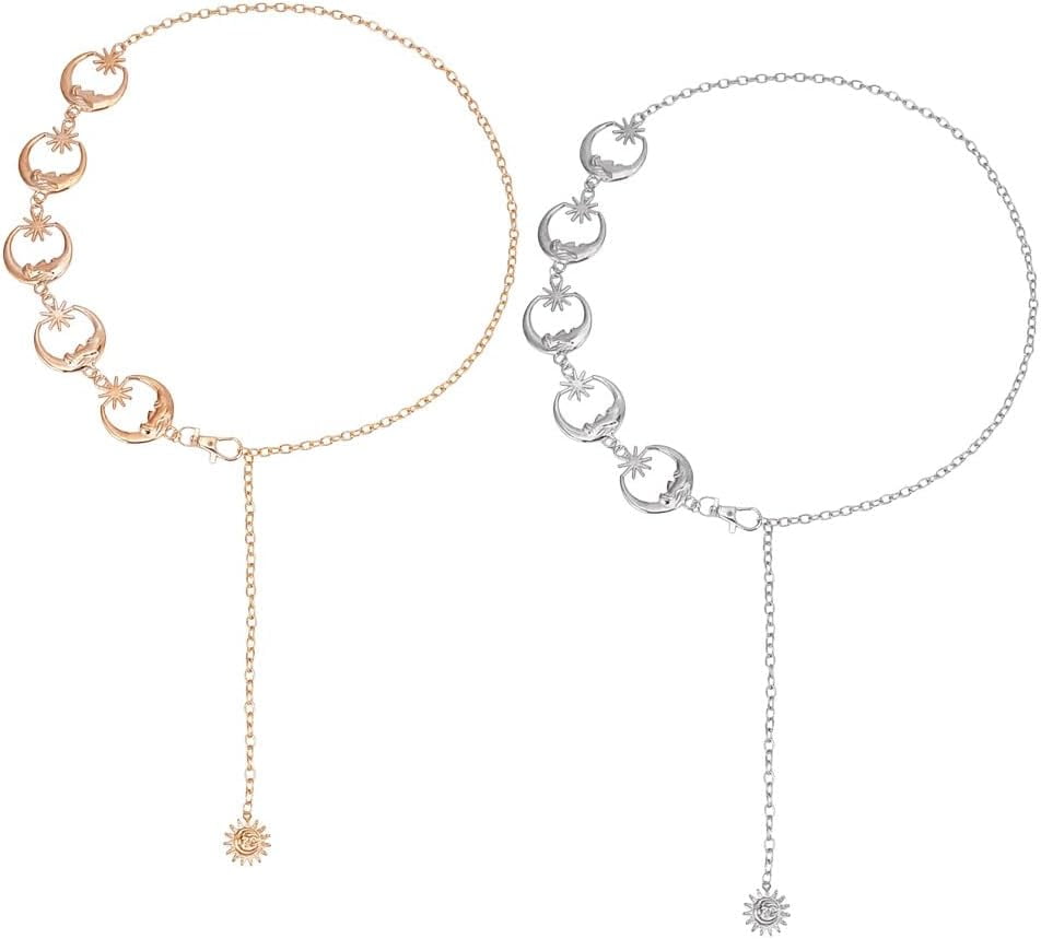 2 Pcs Moons Star Waist Chains 102.6cm/40.39 inch 2 Colors Alloy Round Link Chain Belts ...