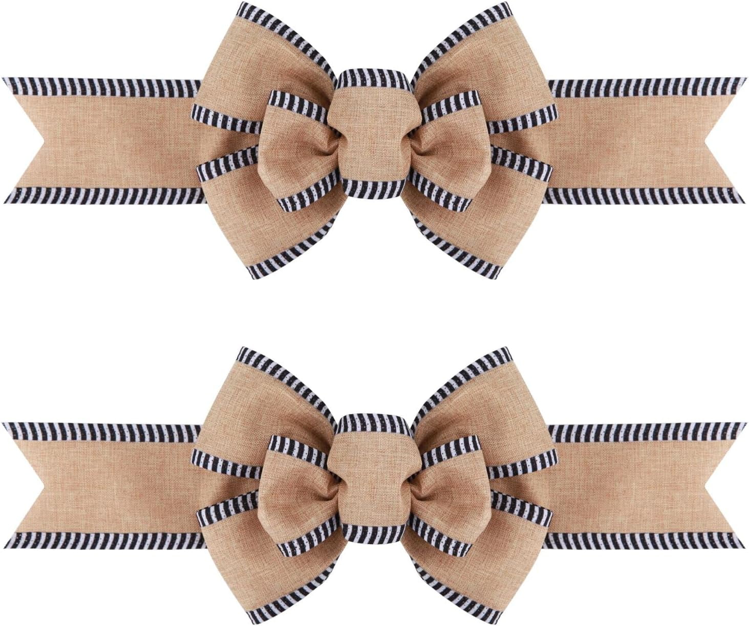 2 Pcs Natural Burlap with Black and White Striped Wired Ribbon Handmade ...