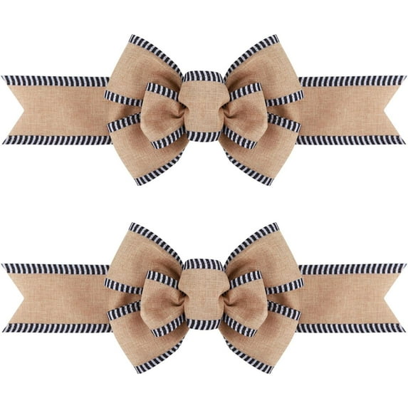 2 Pcs Natural Burlap with Black and White Striped Wired Ribbon Handmade ...