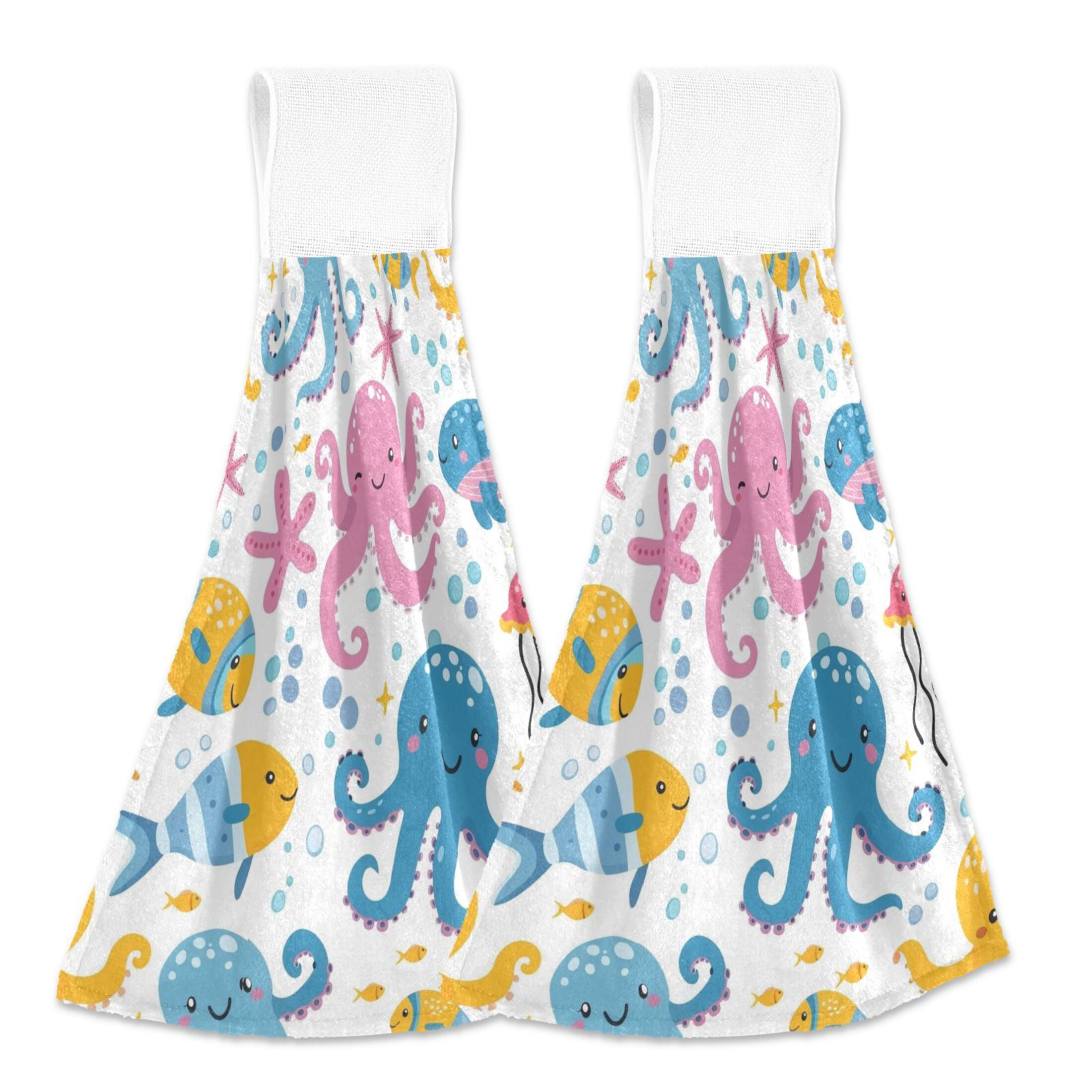 2 Pcs Octopus Fishes Jellyfish Starfish Kitchen Hand Towels with ...