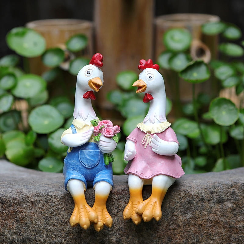 2 Pcs Outdoor Garden Chicken Statue, Sitting Couple Chicken Garden ...