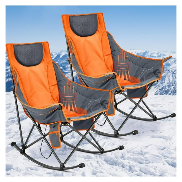 2 Pcs Oversized Heated Camping Chair For Adults Folding Outdoor Rocking