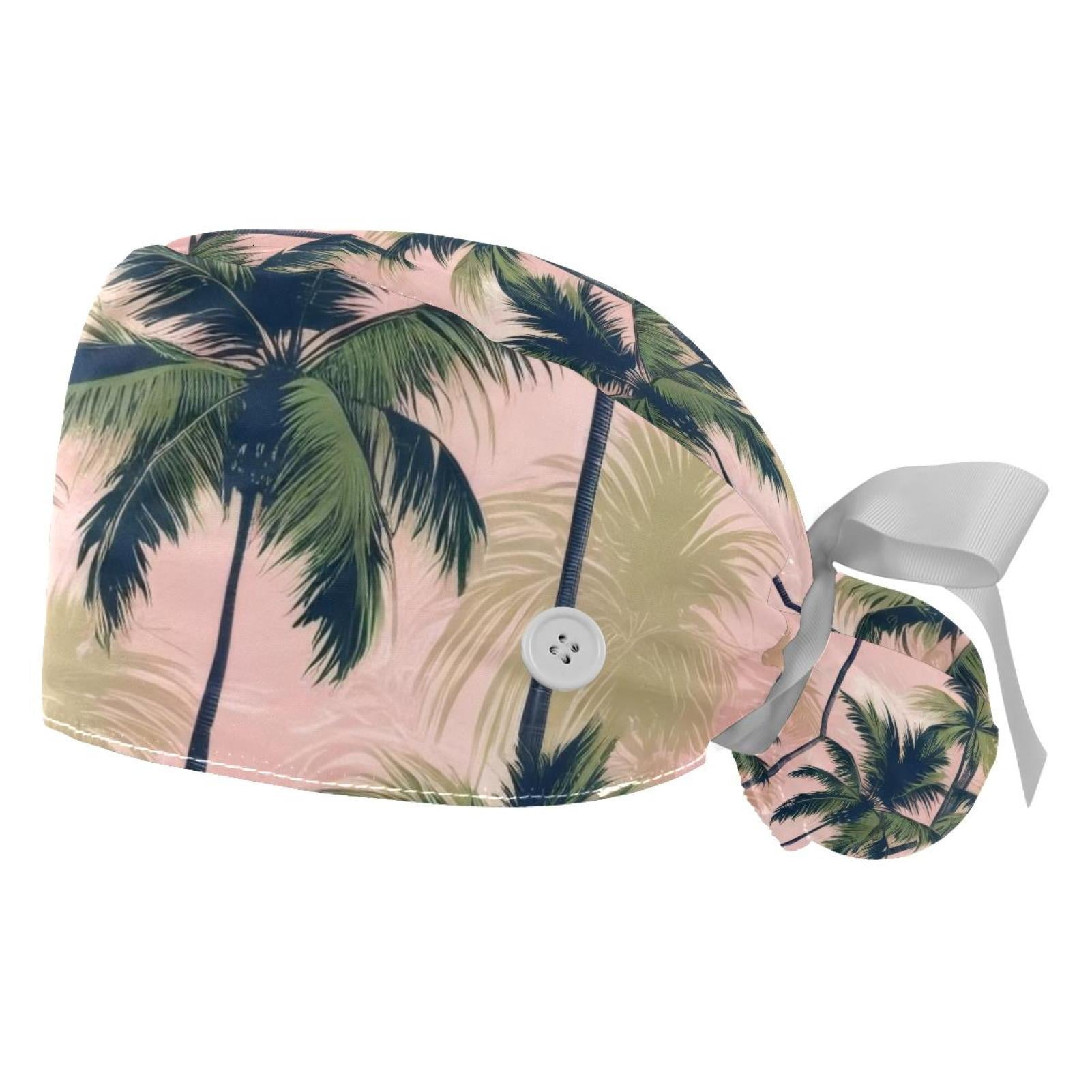 2 Pcs Palm Trees Scrub Caps Adjustable Women Nursing Cap with Buttons ...