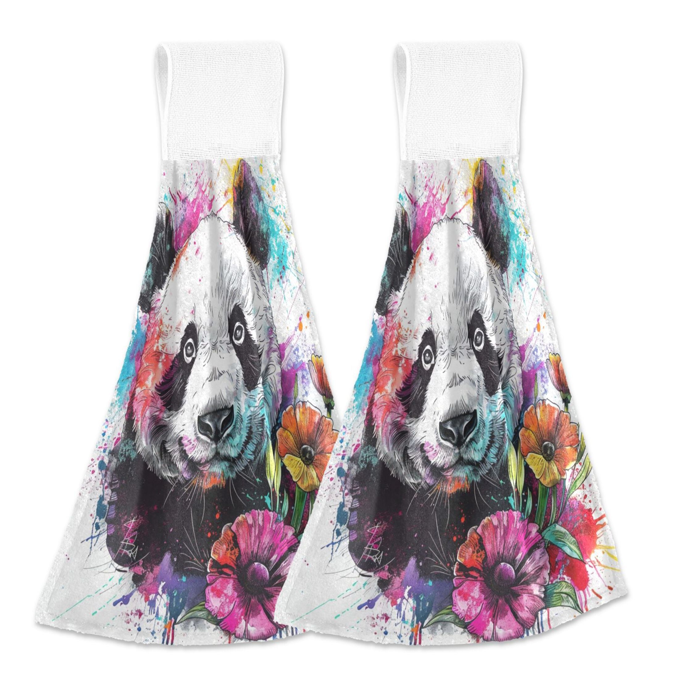 2 Pcs Pandas and Beautiful Flowers Kitchen Hand Towels with Hanging Loops Absorbent Soft Fast ...