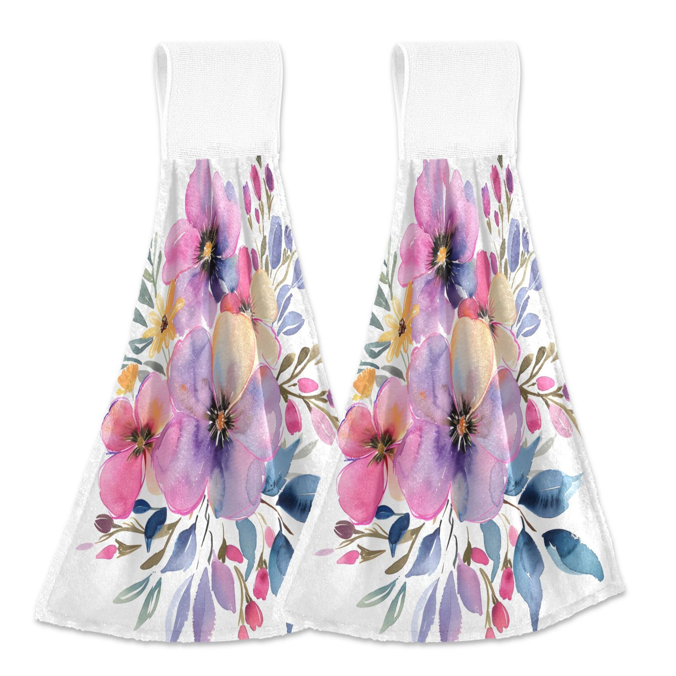 2 Pcs Pansies and Daisy Flower Kitchen Hand Towels with Hanging Loops ...