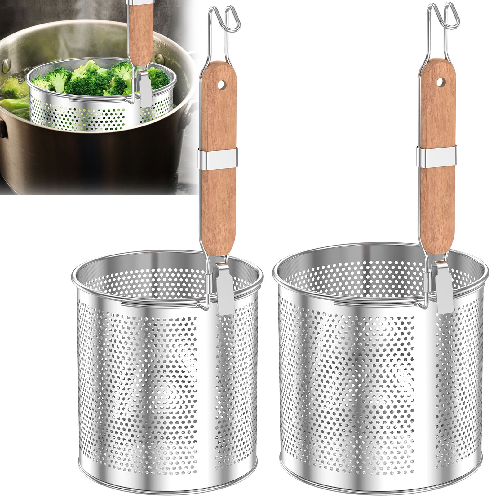 2 Pcs Pasta Basket Stainless Steel Mesh Pasta Basket with Wood Handle ...