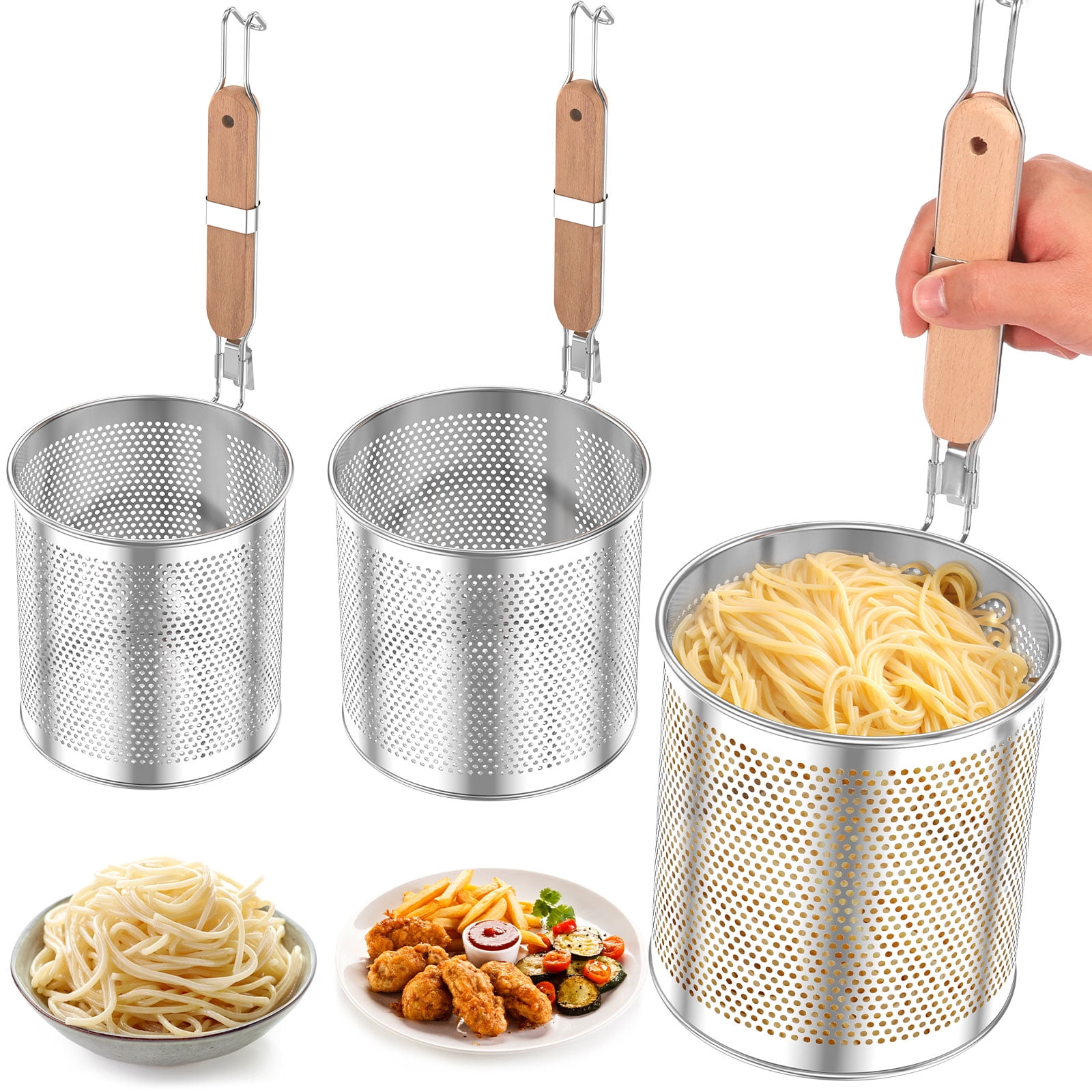 2 Pcs Pasta Basket Stainless Steel Mesh Pasta Basket with Wood Handle ...