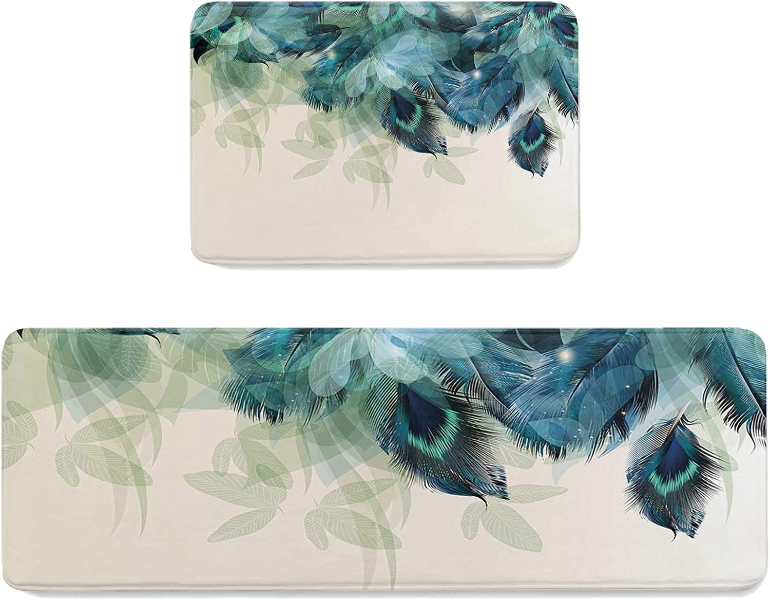 2 Pcs Peacock Feather Kitchen Rugs, Comfort Standing Floor Mat, Non ...