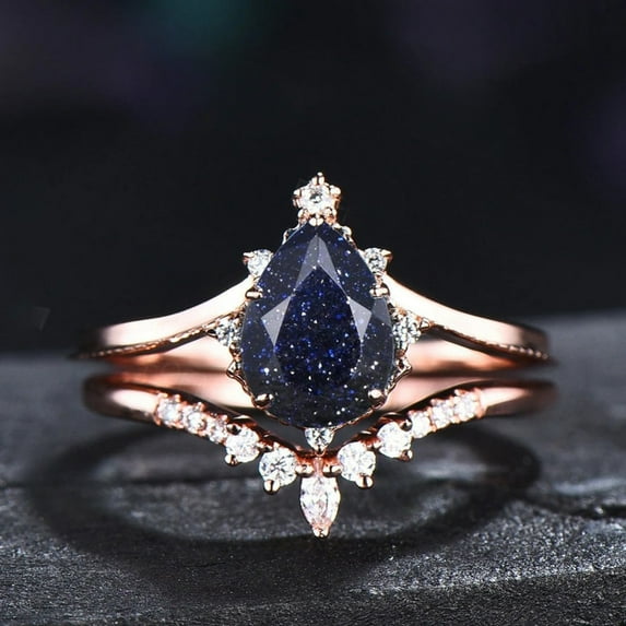 2 Pcs Pear Cut Blue Sandstone Engagement Ring Set – 14K Rose Gold ...