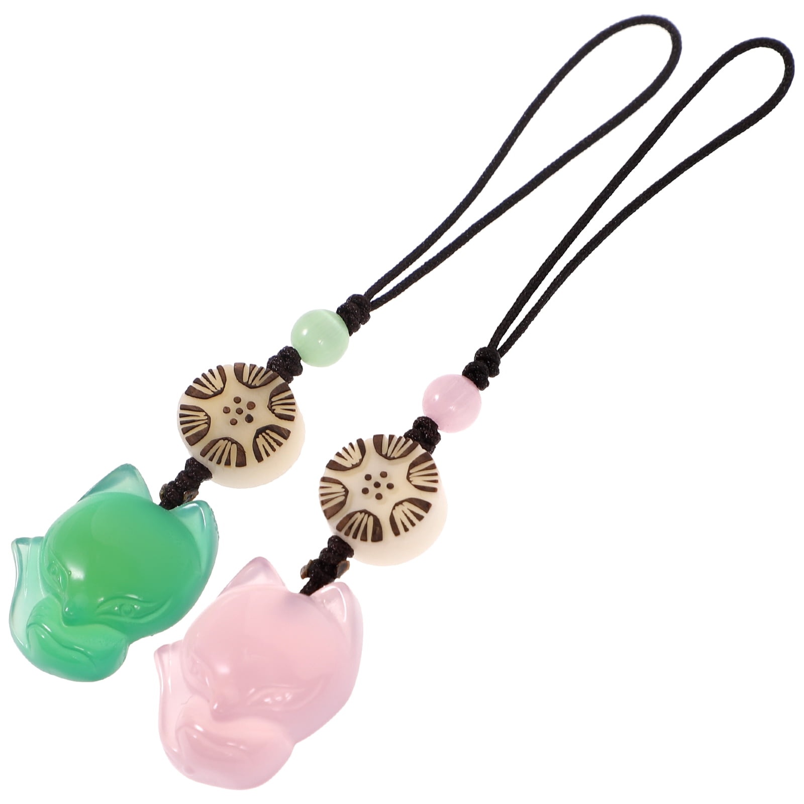 2 Pcs Phone Beads Strap Cell Lanyard Jade Fox Pendant Keychain ...