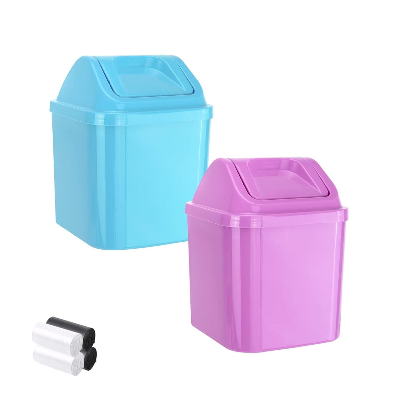 2 Pcs Plastic Mini Wastebasket Trash Can with Swing Lid with 4 Rolls of ...