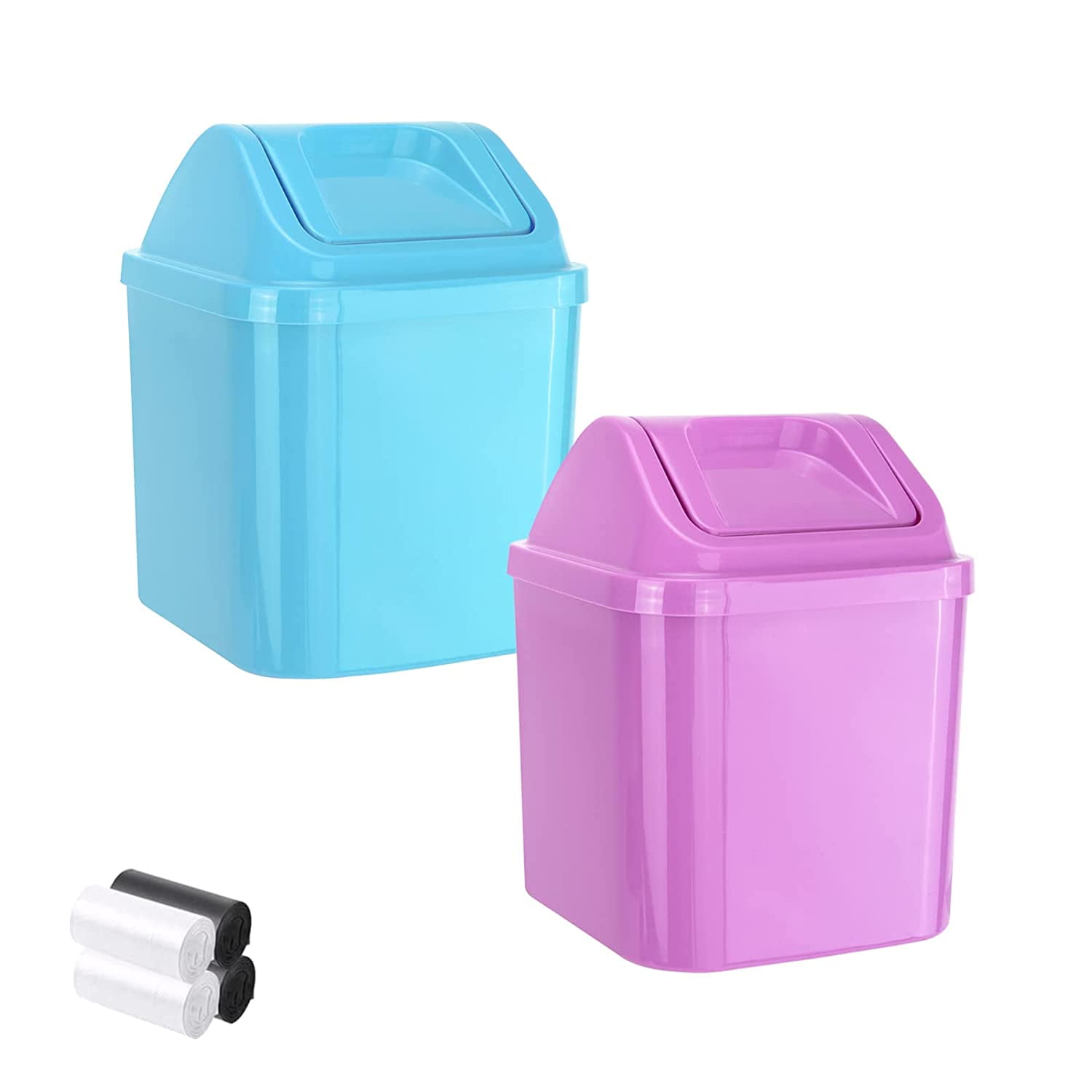 2 Pcs Plastic Mini Wastebasket Trash Can with Swing Lid with 4 Rolls of ...