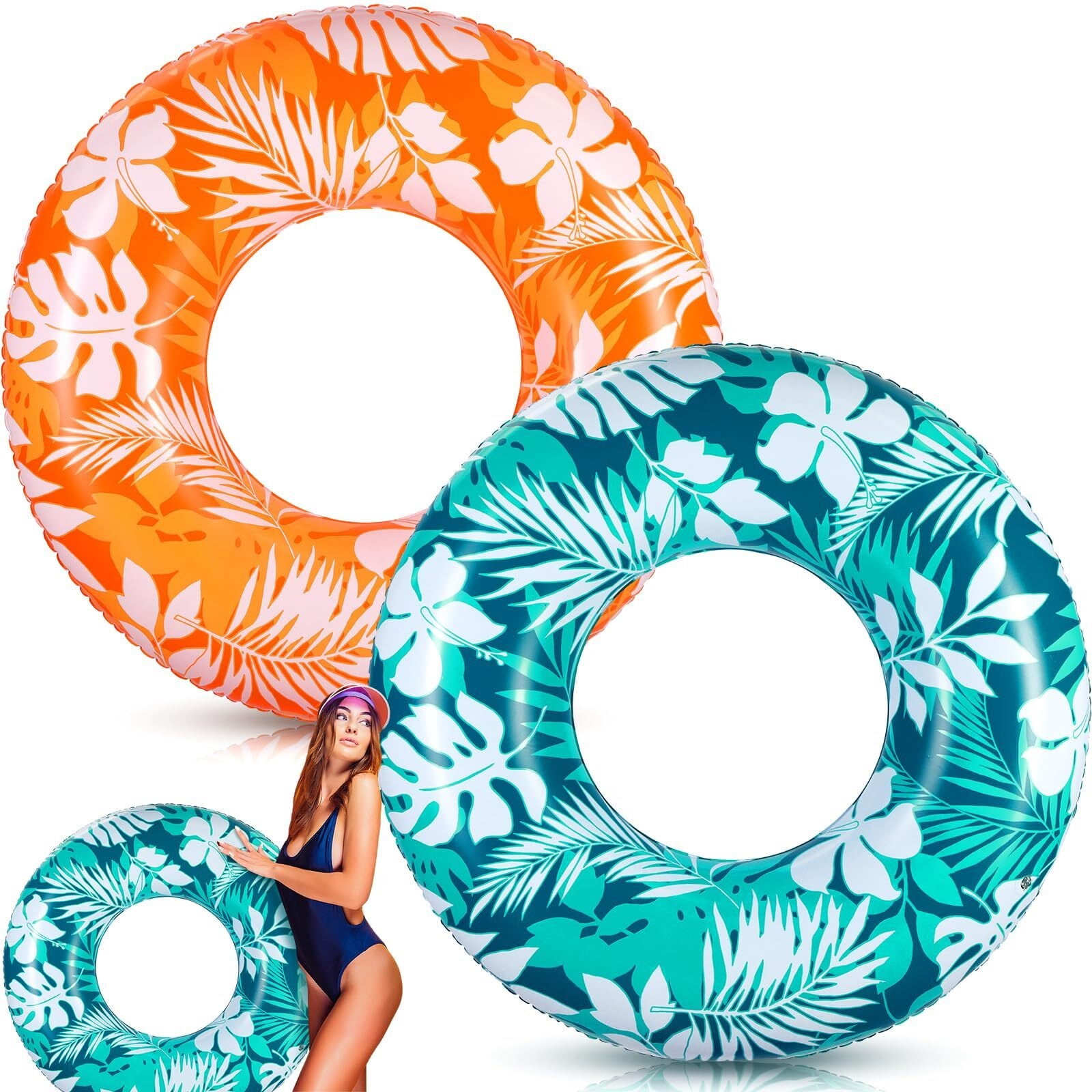 2 Pcs Pool Tubes for Adults 42inch Large Inflatable Floats Tube Tropical Leaves Inflatable Pool ...