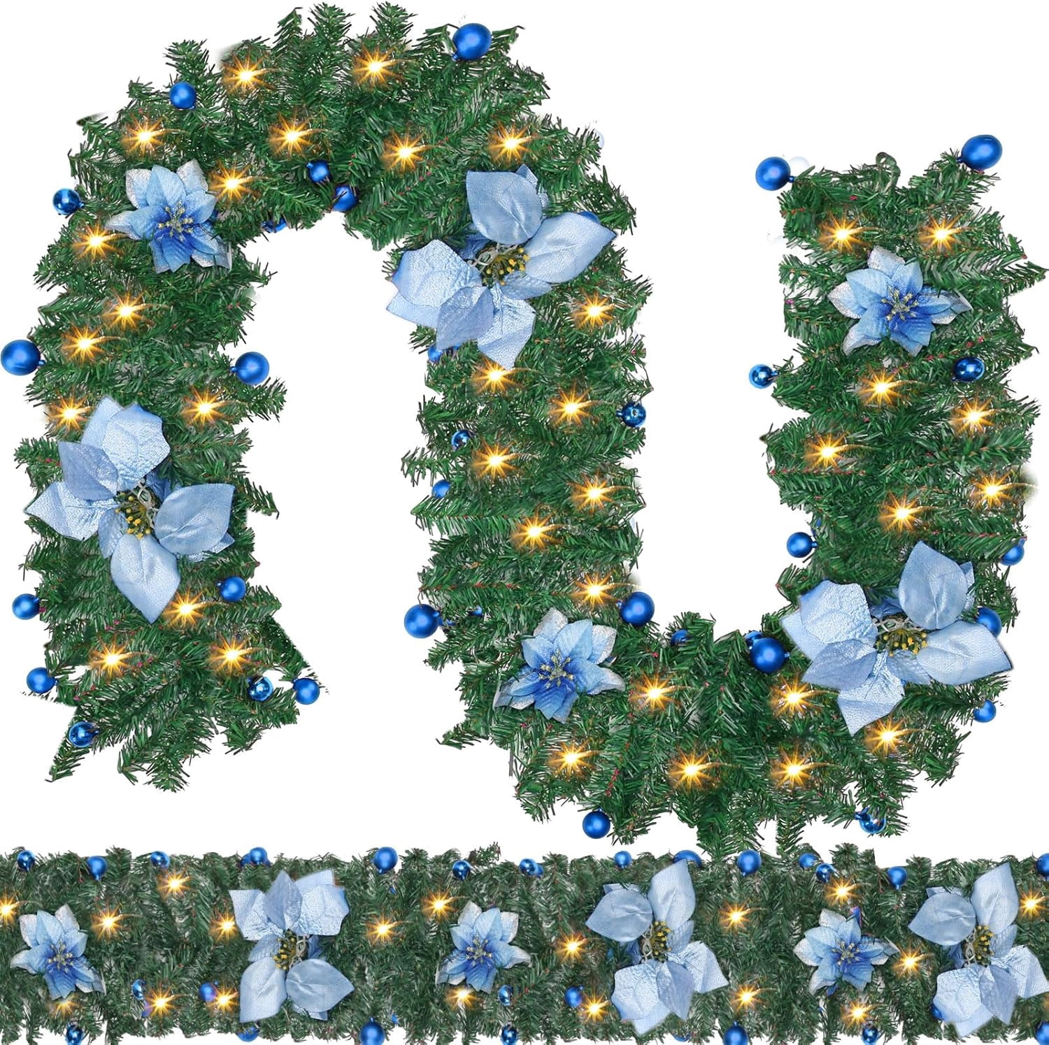 2 Pcs Pre Lit 9 ft Christmas Garland with Lights Xmas Artificial Flower ...