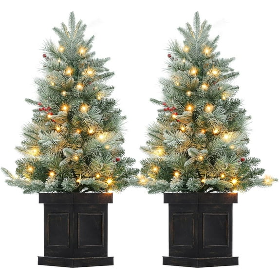 2 Pcs Pre-Lit Artificial Small Christmas Tree, Snow Flocked Xmas Tree ...