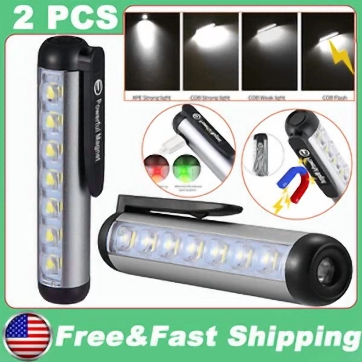 2 Pcs Rechargeable Cob Pen Light Mini Led Flashlight Pocket Work Torch ...