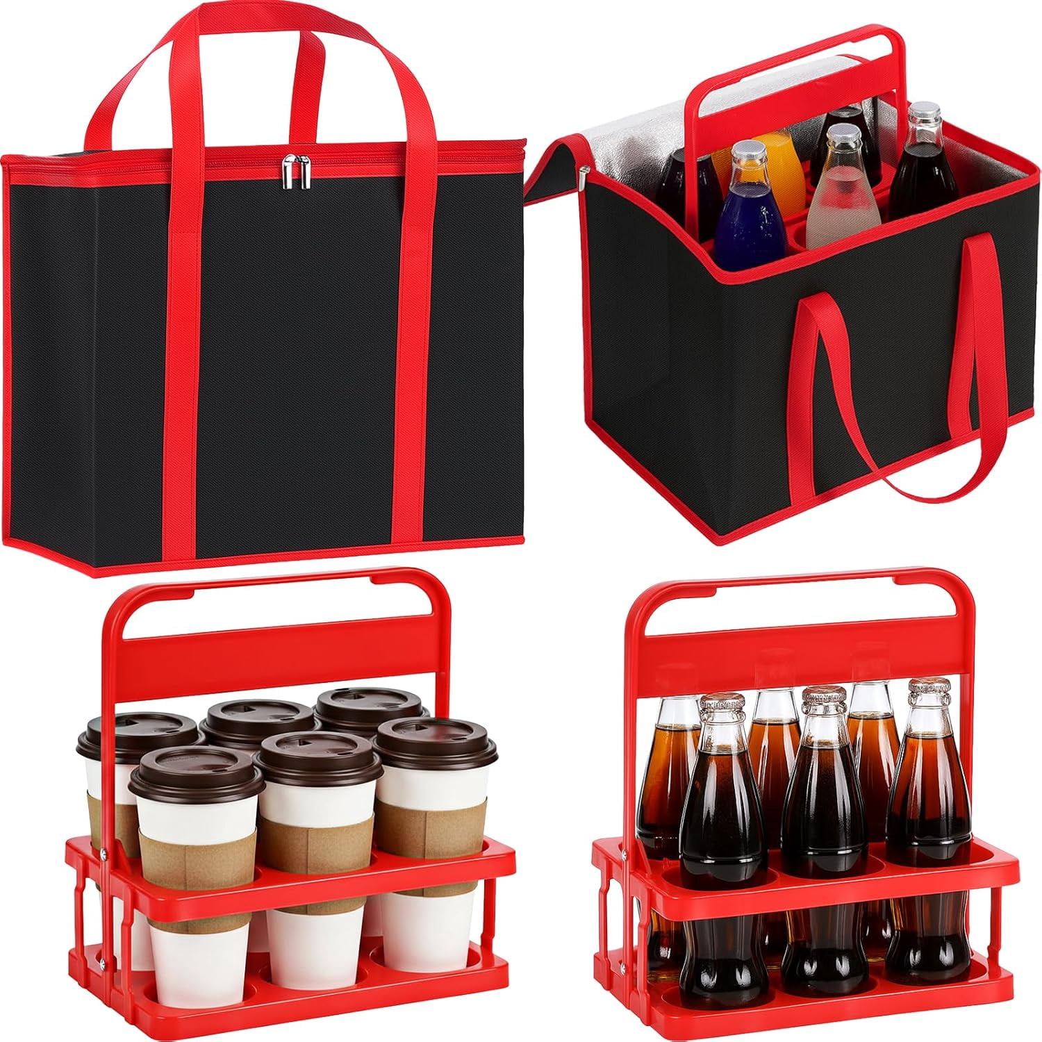 2 Pcs Red and Black Reusable 6-Cup Drink Carrier with Top Handle and ...