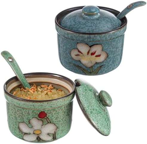 2 Pcs Retro Salt Cellar with Lid and Spoon Hand Painted Flower Ceramic ...