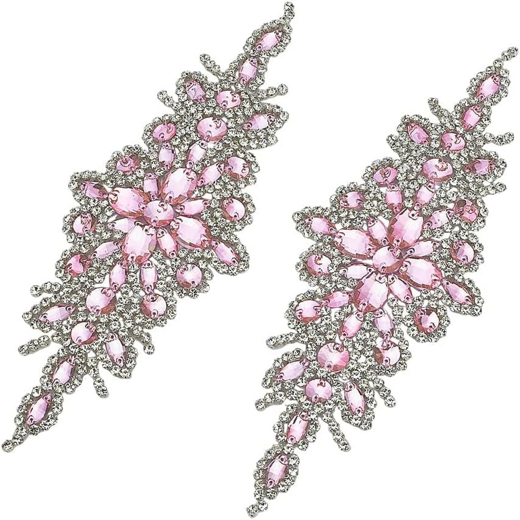 2 Pcs Rhombus Iron on Rhinestone Appliques Silver Pink 3.5x9.3 Inch ...