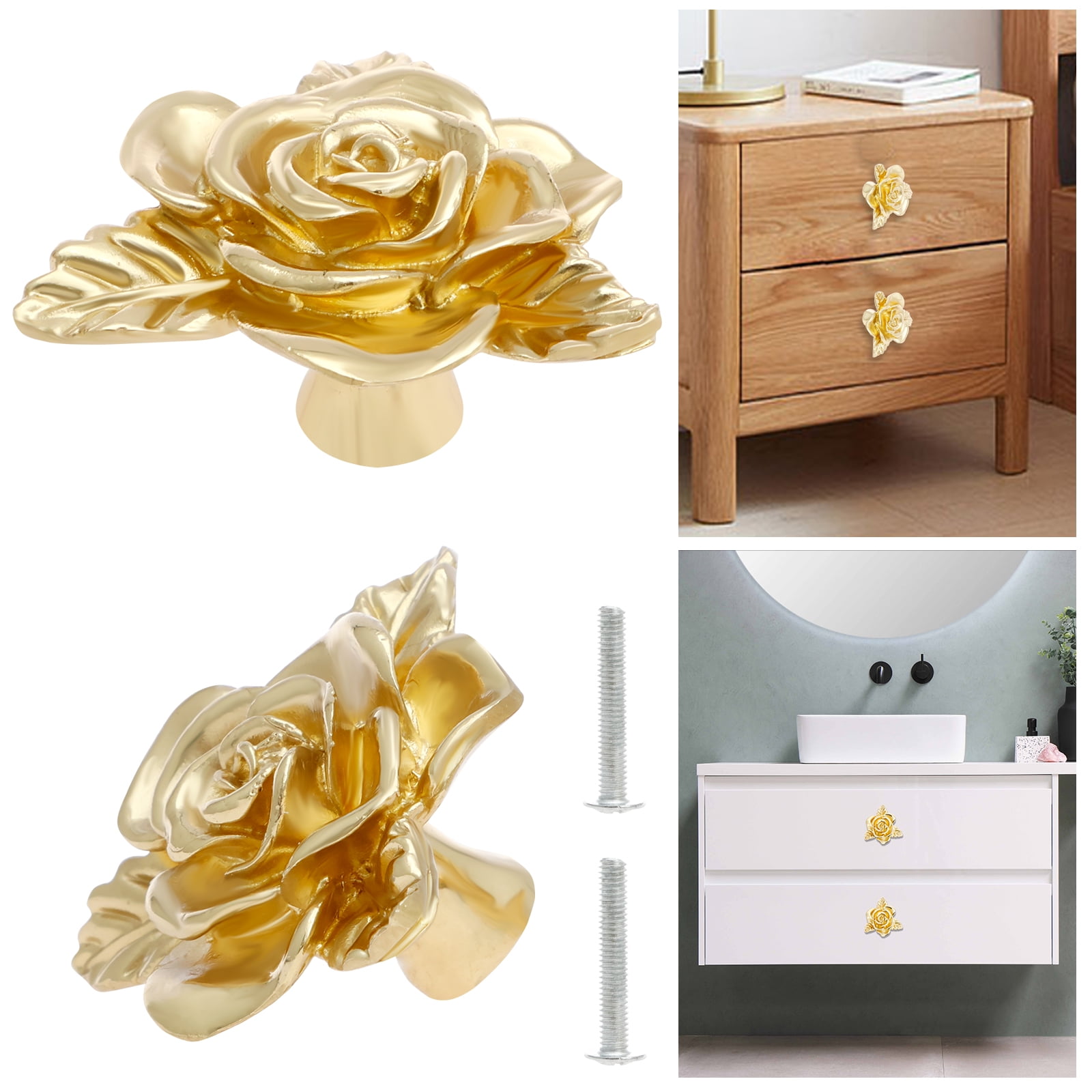 2 Pcs Rose Flower Drawer Knobs Gold Floral Brass Cabinet Pulls with Screws Decorative Cupboard ...