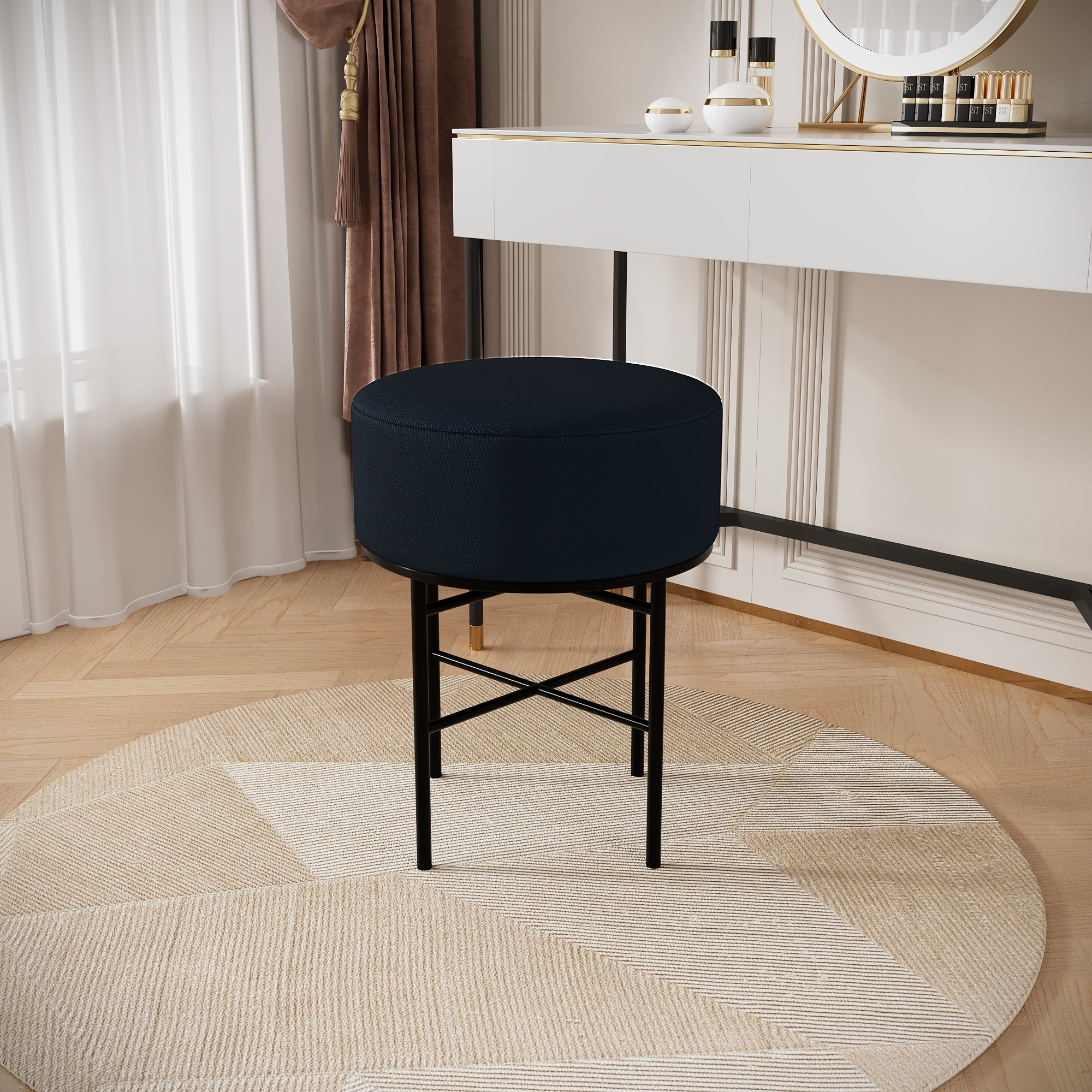 2 Pcs Round Cushioned Vanity Stool, Linen Upholstered Vanity Stool For ...