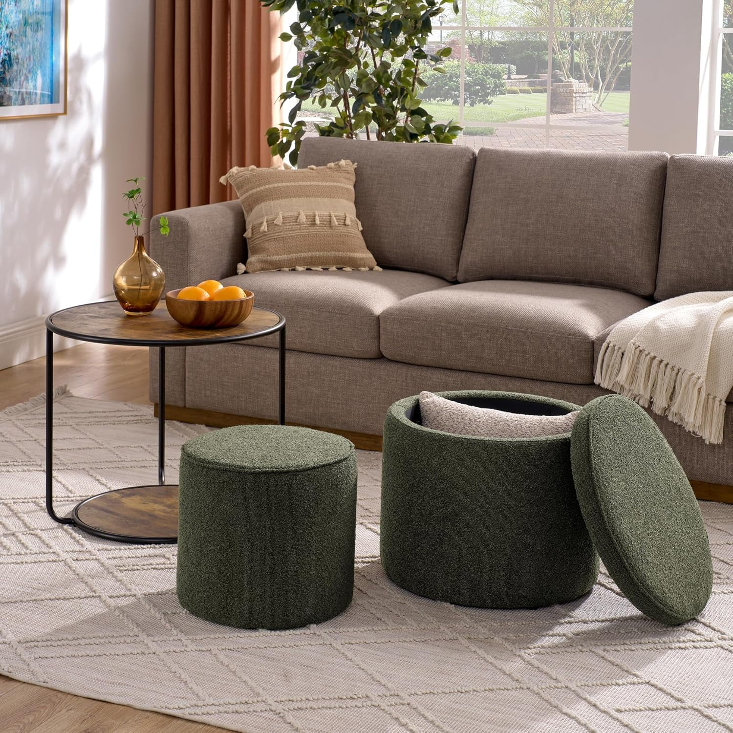 2 Pcs Round Ottoman and Coffee Table Set 3 in 1 Combination Nesting ...