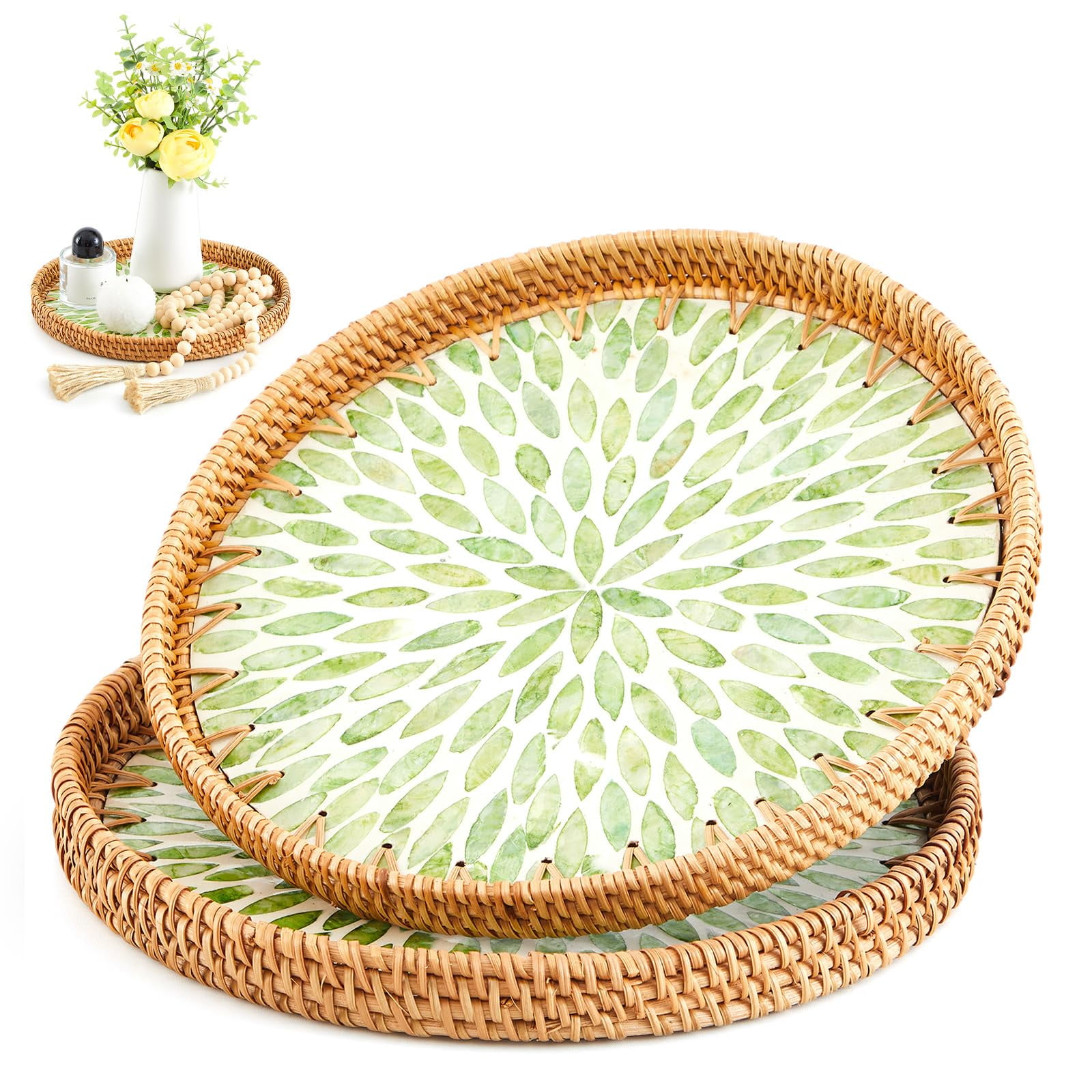 2 Pcs Round Rattan Tray with Mother of Pearl,12 Inch Round Coffee Table ...