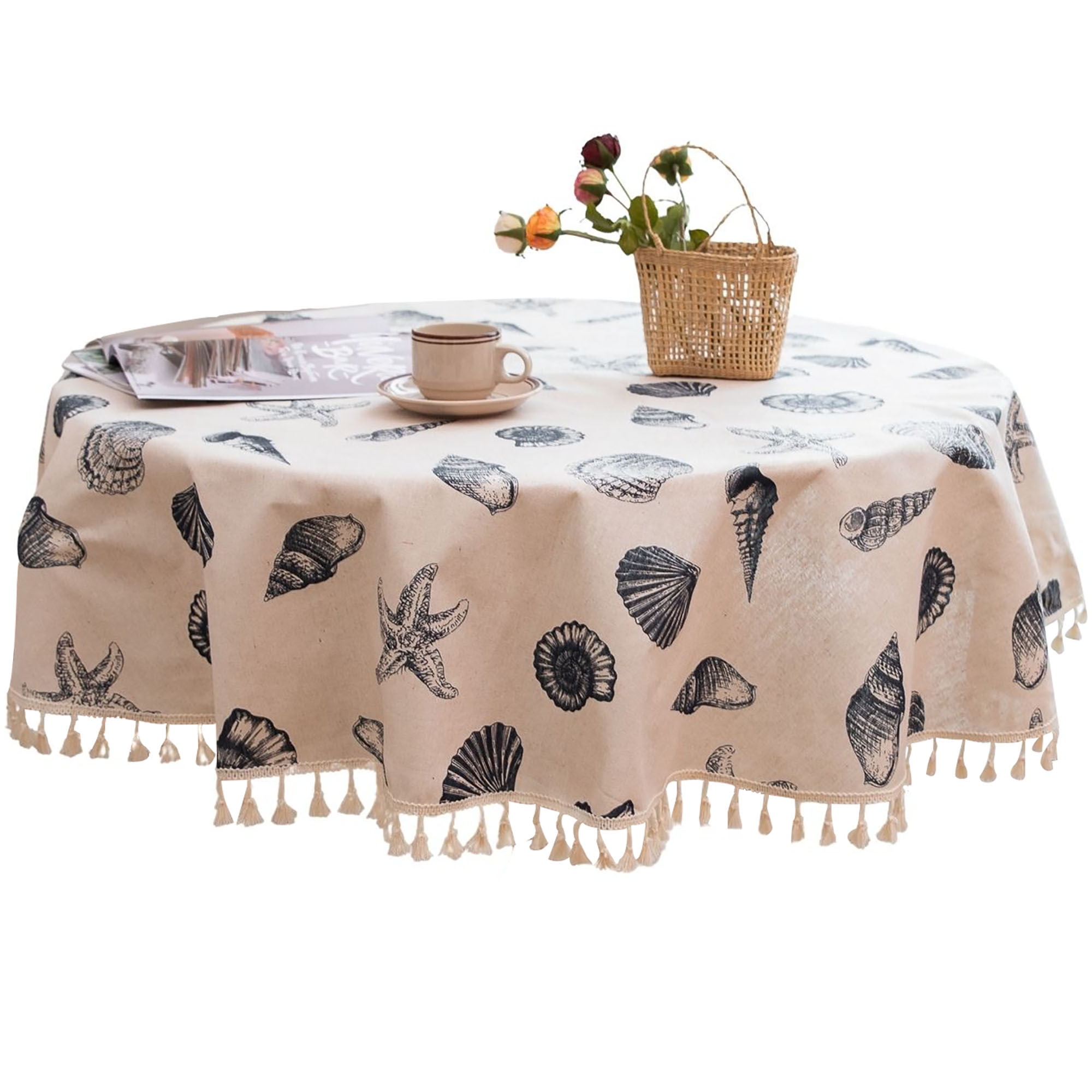 2 Pcs Round Tablecloth,Japanese Cotton Linen Tablecloth With Tassel ...
