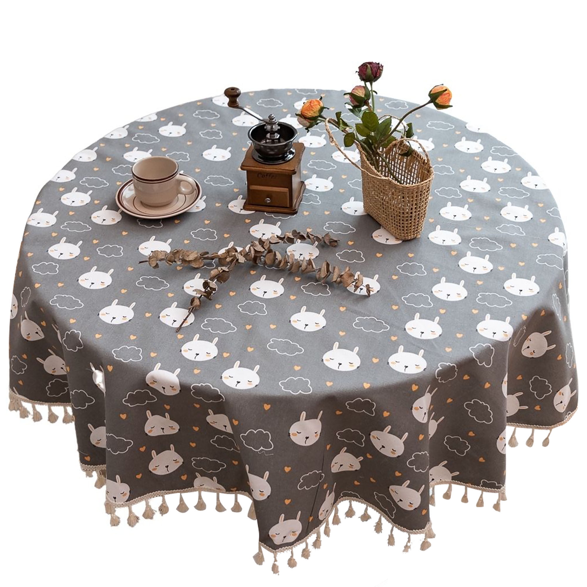 2 Pcs Round Tablecloth,Japanese Cotton Linen Tablecloth With Tassel ...