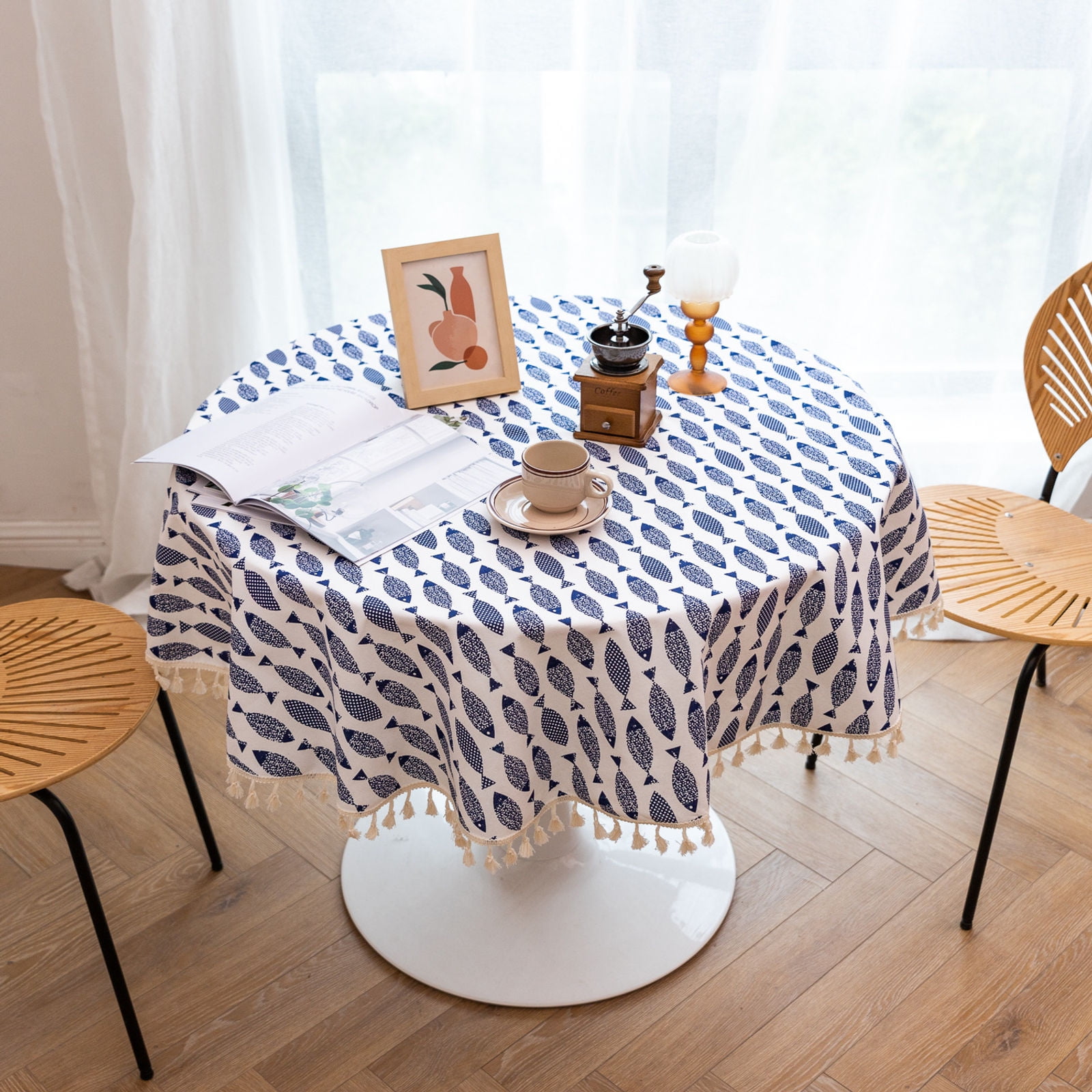 2 Pcs Round Tablecloth,Japanese Cotton Linen Tablecloth With Tassel ...