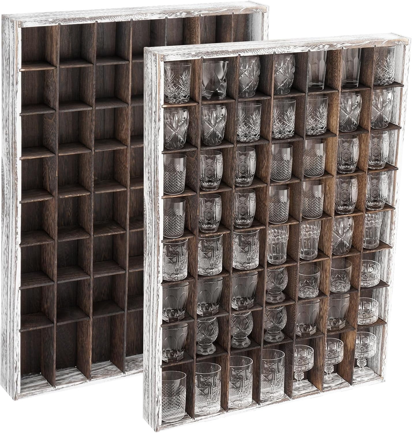 2 Pcs Rustic Wood Shot Glasses Holder 56 Slots Glass Display Case ...