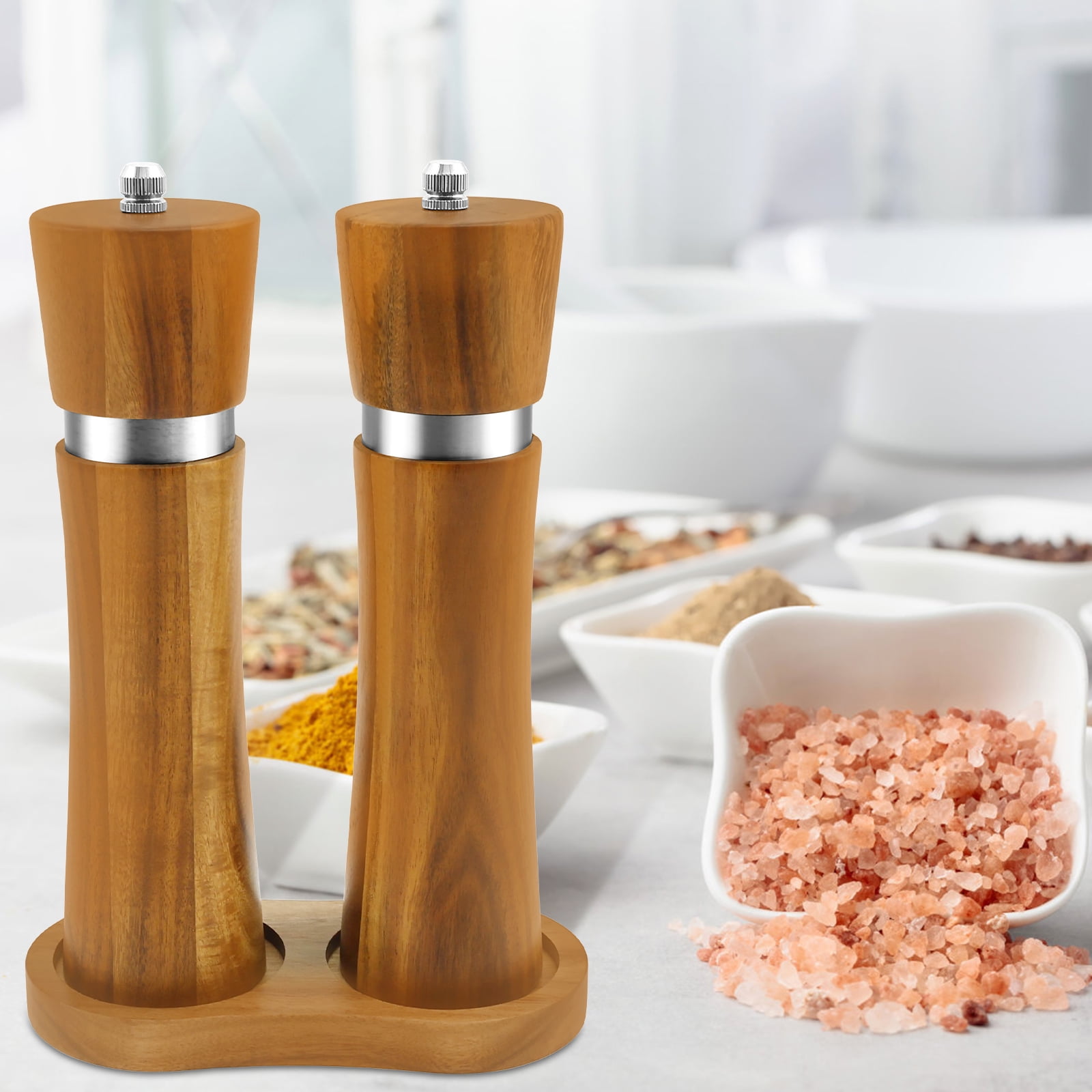 2 Pcs Salt and Pepper Grinder Set Wood Adjustable Coarseness Salt and ...