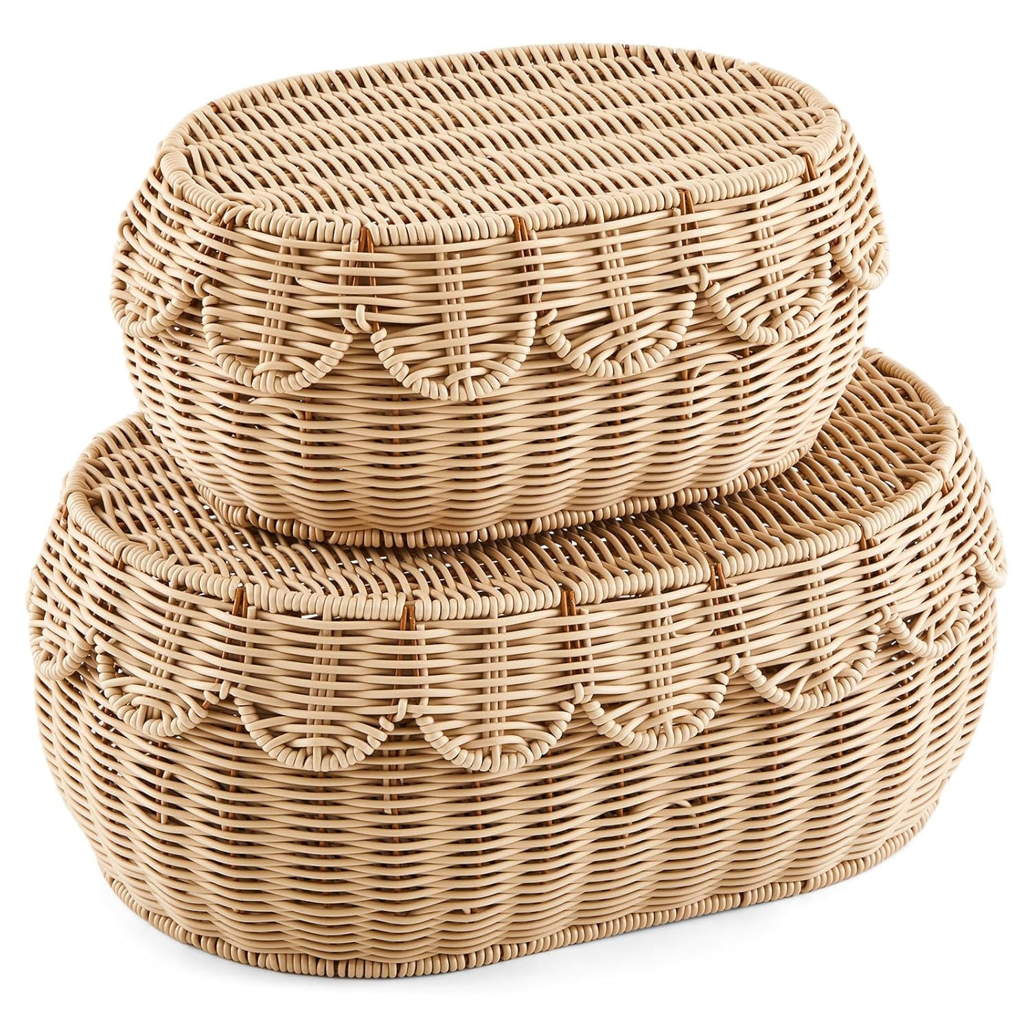 2 Pcs Scalloped Rattan Baskets, Woven Rattan Wicker Storage Baskets ...
