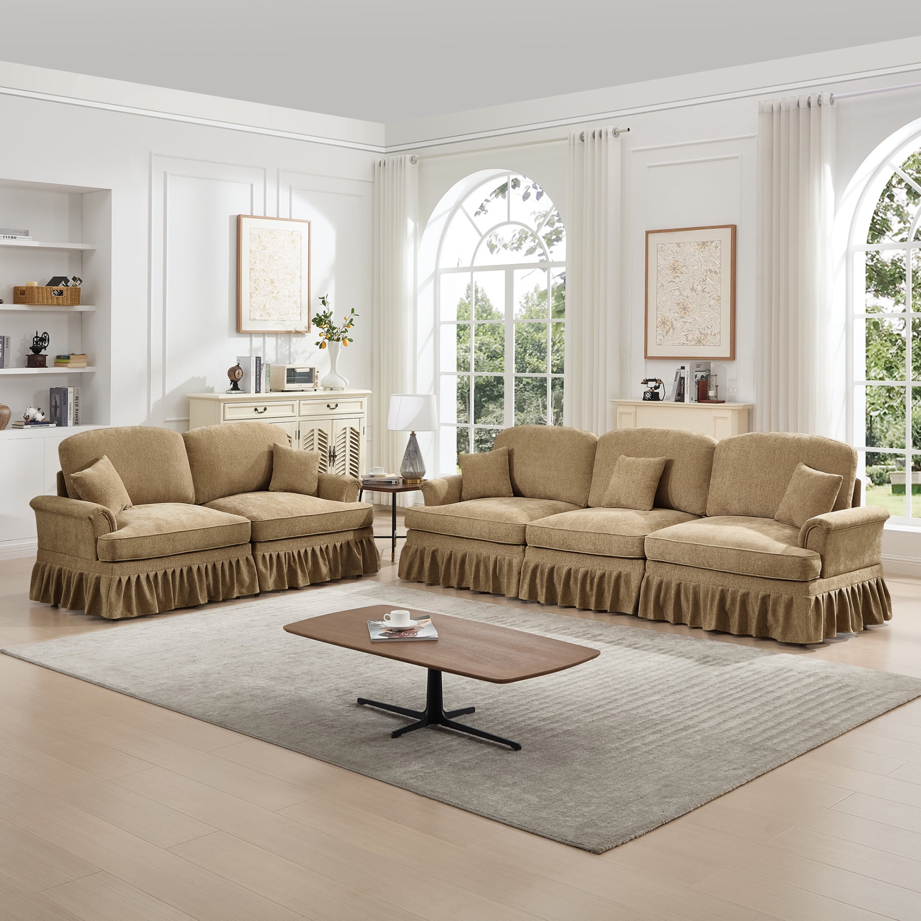 2 Pcs Sectional Sofas Set, 3-Seater + Loveseat with Removable Ruffles ...