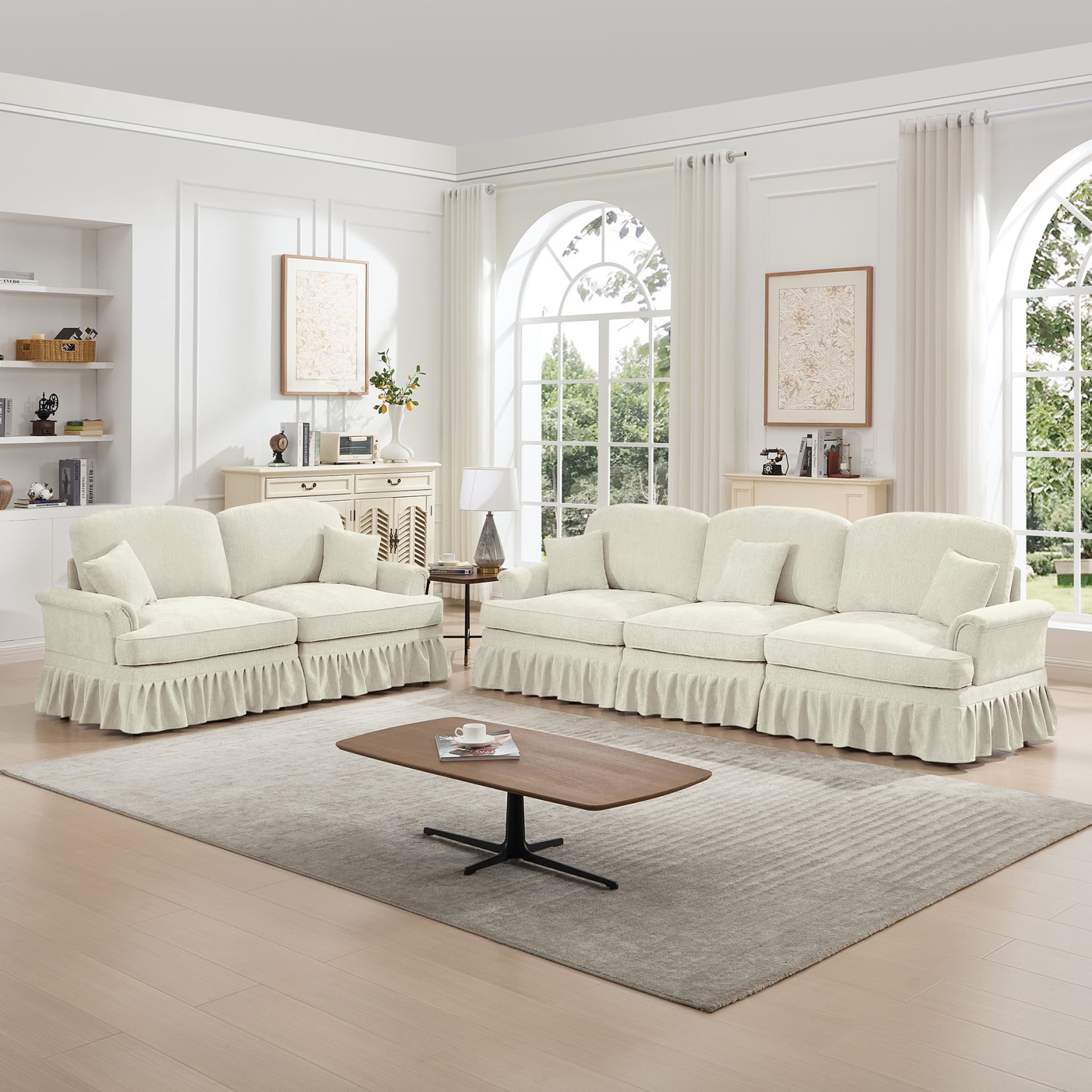2 Pcs Sectional Sofas Set, 3-Seater + Loveseat with Removable Ruffles ...