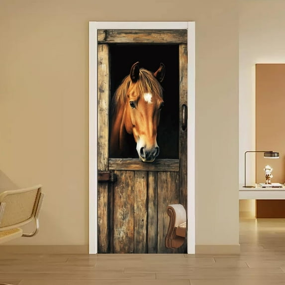 2 Pcs Self-Adhesive Door Sticker 31.5"x78.7" Horse Pattern Door Murals Stickers PVC Furniture ...